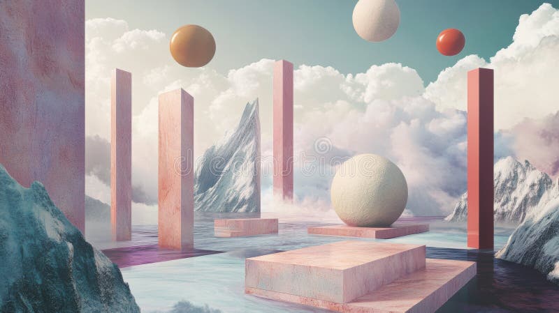 Surrealist Landscape with Floating Objects and Structures Stock ...