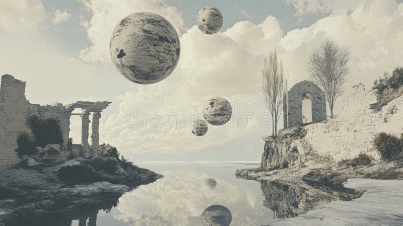 Surrealist Landscape with Floating Objects and Unique Elements Stock ...