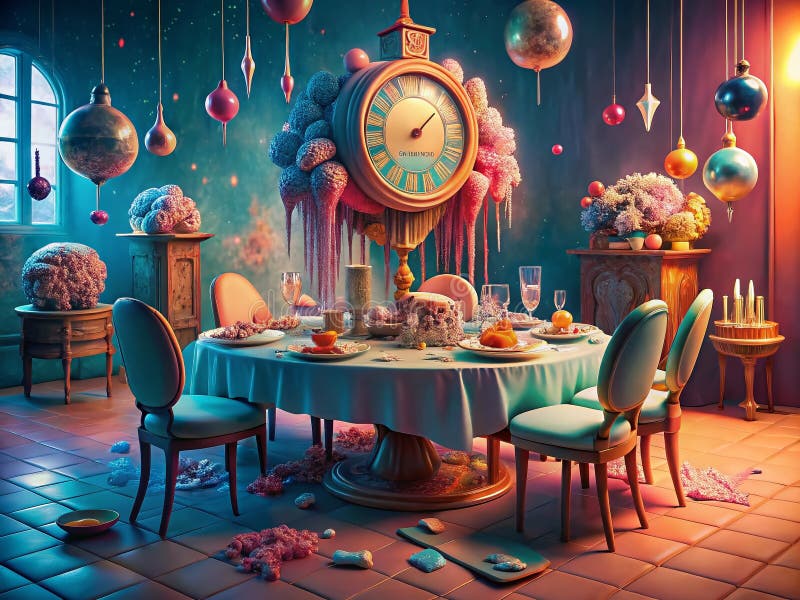 A Surrealist Lunch in a Melting Clock Dining Room Floating Dishes and ...
