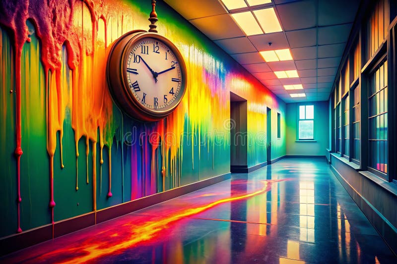 A Surrealist School Clock Melting Time in a Hallway a Visual ...