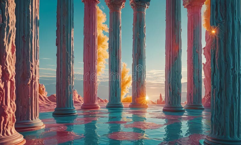 Surrealistic Classical Architectural Structure with Columns, Fountain ...