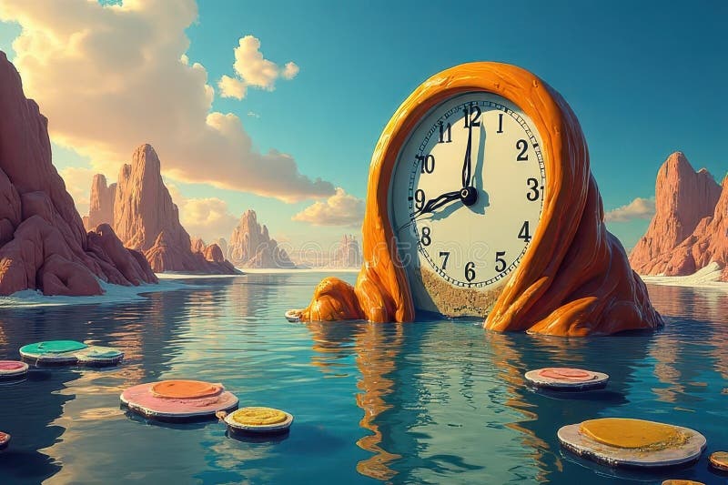 Surrealistic Clock Melting in Abstract Landscape Stock Illustration ...