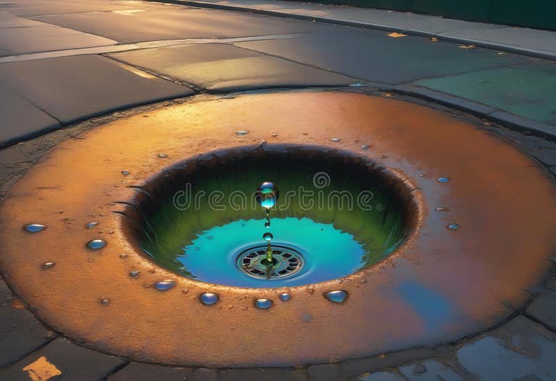 A Surrealistic 3D Water Droplet Merges with a Rusty Manhole Cover Stock ...