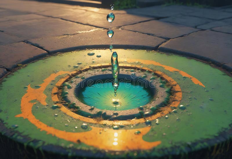 A Surrealistic 3D Water Droplet Merges with a Rusty Manhole Cover Stock ...