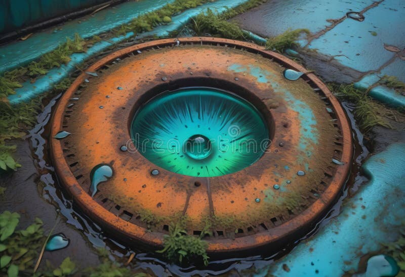 A Surrealistic 3D Water Droplet Merges with a Rusty Manhole Cover Stock ...