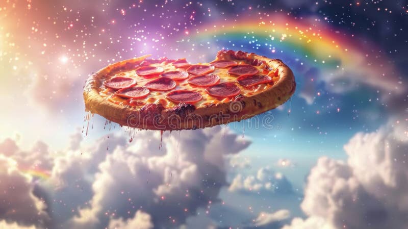 Surrealistic Depiction of a Spinning Pepperoni Pizza Flying through a ...