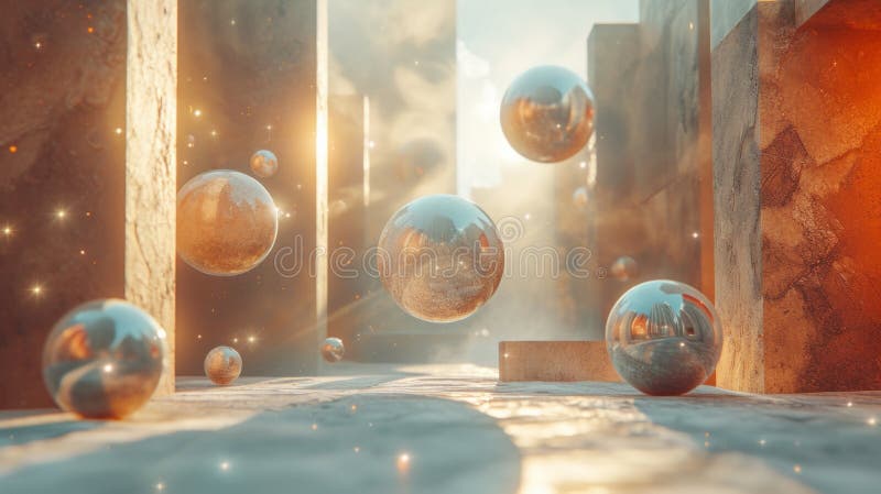 A Surrealistic Dreamscape of Floating Orbs and Levitating Geometric ...