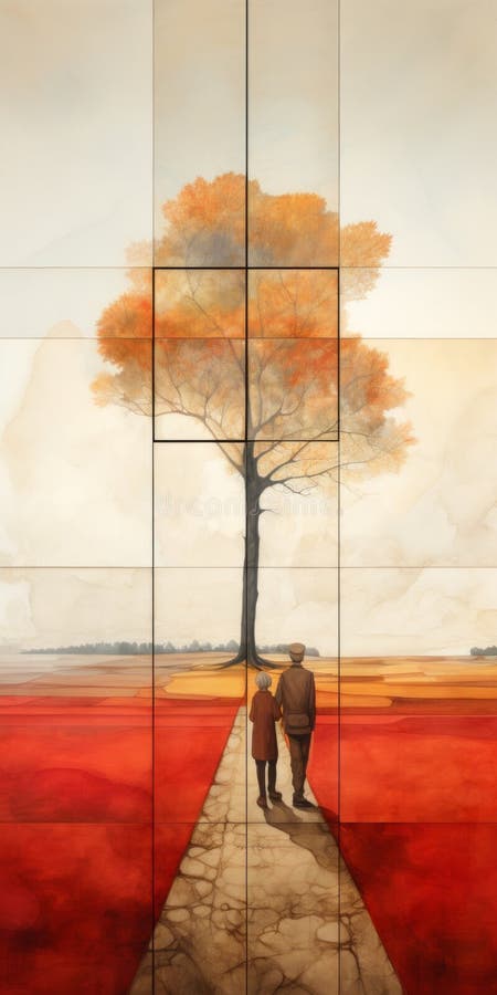 Surrealistic Realism: a Collage of Tiles with Two People and Red Tree ...
