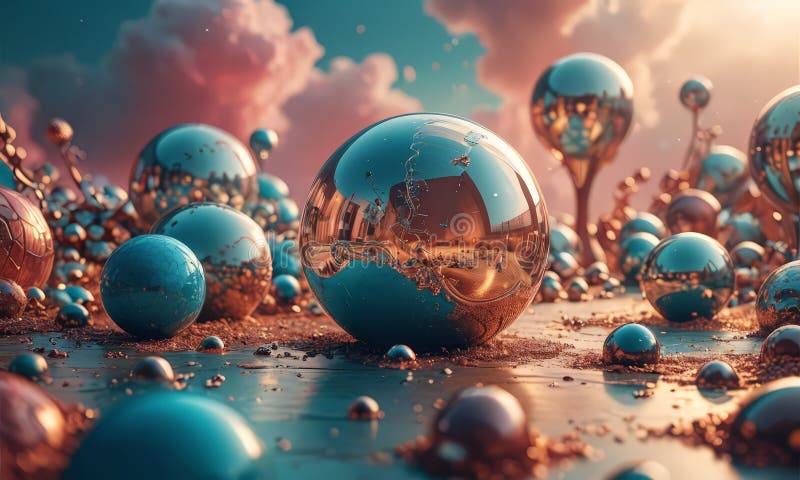 Surrealistic Scene Numerous Spherical Objects, Some Reflecting the Sky ...