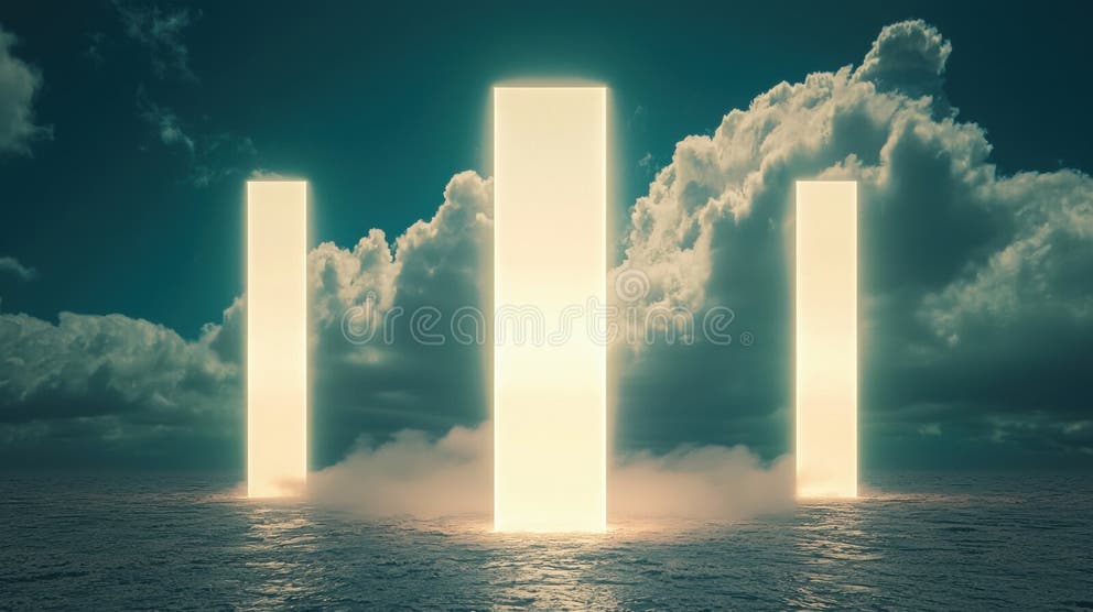 A Surrealistic Scene of Three Glowing Rectangular Pillars in the Ocean ...