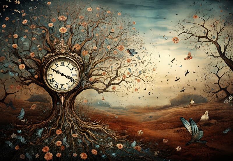 Vintage Clock on a Tree Branch Autumn Background Stock Illustration ...