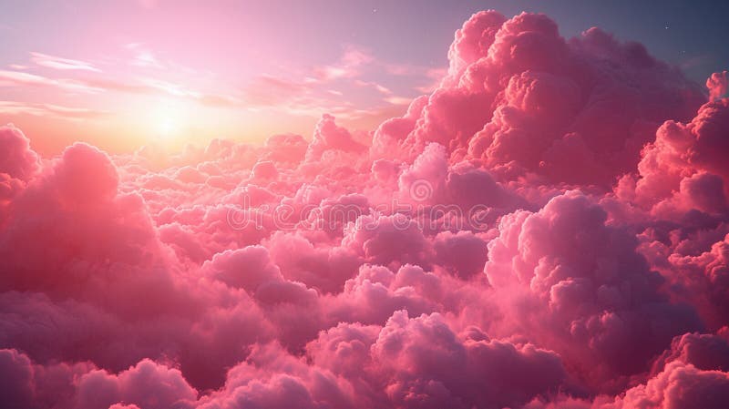 Surrealistic Sky with Bright Pink Fluffy Clouds and Sun Rays. Abstract ...