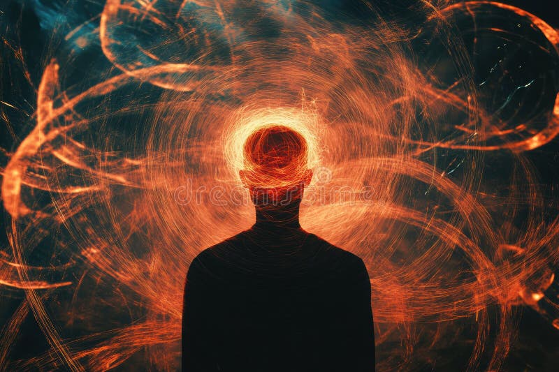 Person Immersed in Swirling Abstract Lines Representing Thoughts and ...