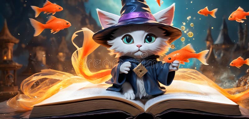Magical Kitten Amidst Fiery Fish Stock Illustration - Illustration of ...