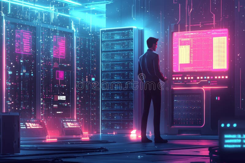 Surrounded by Illuminated Technology, a Data Analyst Focuses on Multiple Screens in a Futuristic ...