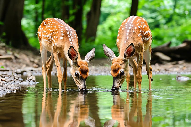 Surrounded by Lush Greenery, a Pair of White-tailed Deer Drink ...