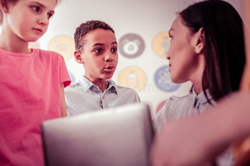 Curious Students Attentively Looking on the Model in Teacher Hands ...