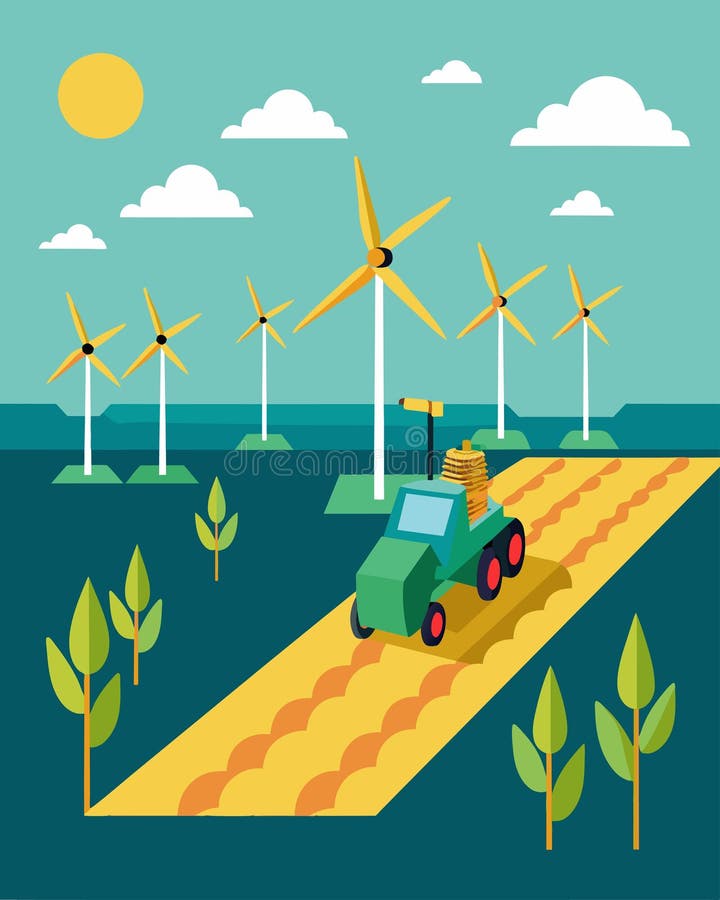 Surrounded by Towering Windmills a Solarpowered Seed Drill Planted Rows ...