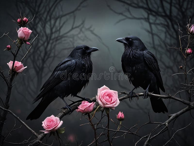 Surrounding the Crows are Delicate Pink Roses, Which Create a Striking ...