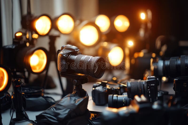Surroundings of Professional Camera Equipment and Lighting Setup in a ...