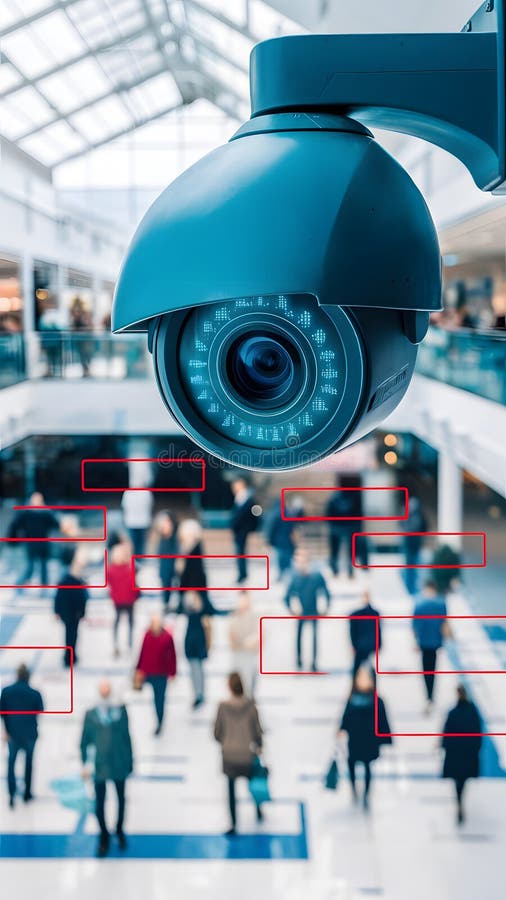 Surveillance Camera with Digital Blue Graphics Overlooking Bustling ...