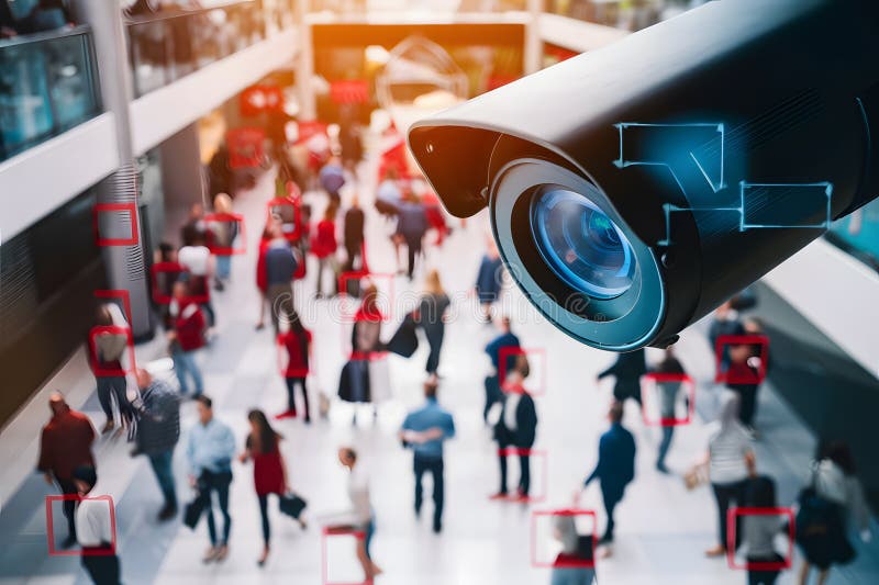 Surveillance Camera with Digital Blue Graphics Overlooking Bustling ...