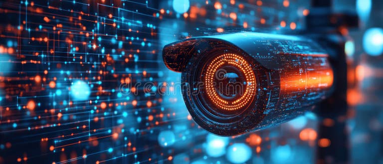 Surveillance Camera with Digital Interface, Glowing in Blue and Orange ...