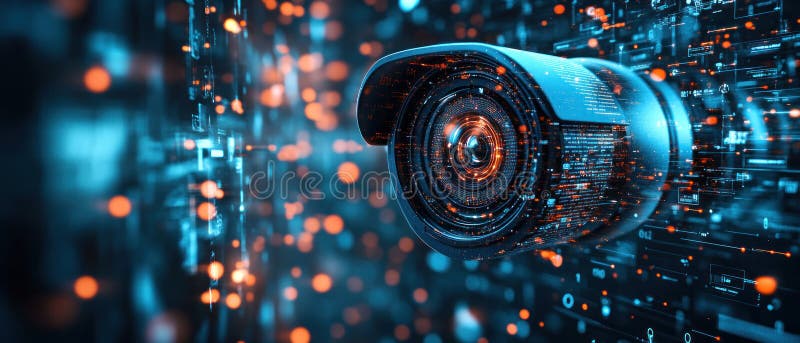 Surveillance Camera with Digital Interface, Surrounded by Glowing Data ...