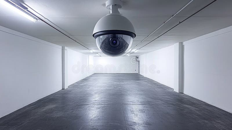 Surveillance Camera in Empty Warehouse with White Walls and Concrete ...
