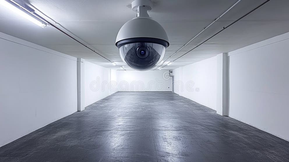 Surveillance Camera in Empty Warehouse with White Walls and Concrete ...