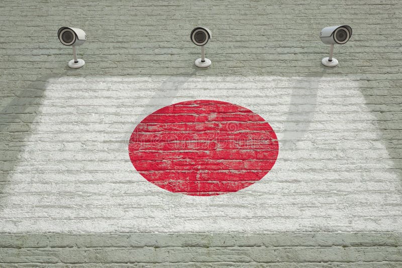 CCTV Cameras and Wall with Printed Flag of Japan. National Surveillance ...