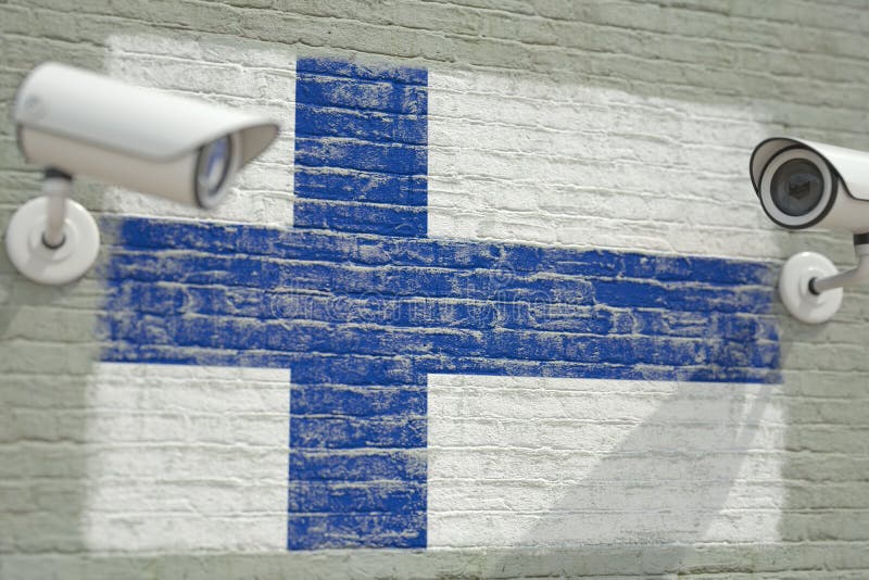 Surveillance Cameras and Wall with Flag of Finland. Modern Security ...