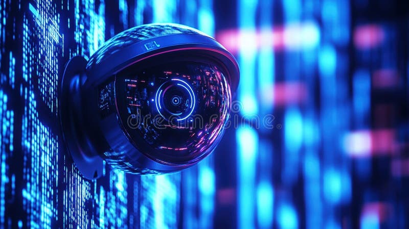 Surveillance Camera with Futuristic Blue Digital Background and Neon ...