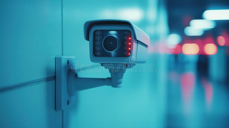Surveillance Camera in a Futuristic Hallway with Blue Lighting and Red ...