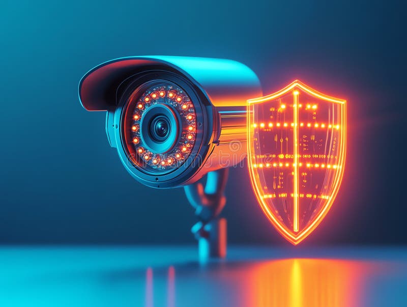 Surveillance Camera with Glowing Shield Symbol Modern Security Concept ...