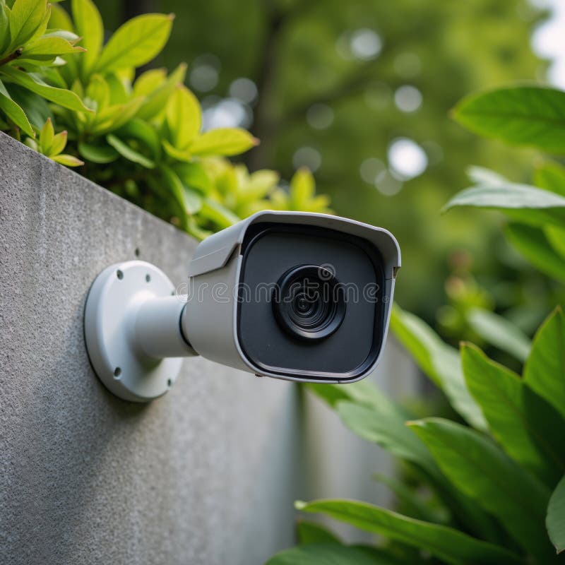Surveillance Camera with Lush Green Backdrop on a Concrete Wall ...