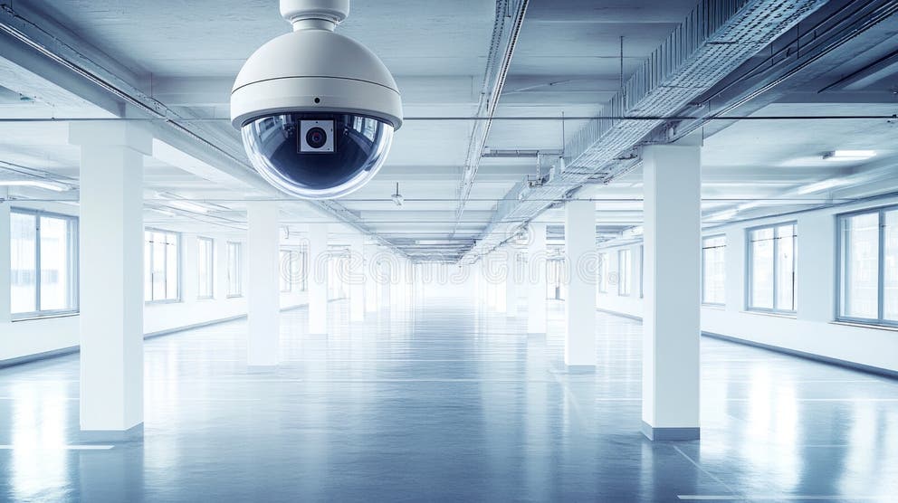 Surveillance Camera in Modern Empty Parking Garage with Bright Lighting ...