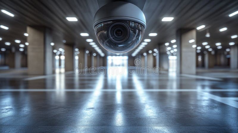 Surveillance Camera in Modern Empty Underground Parking Lot with Bright ...