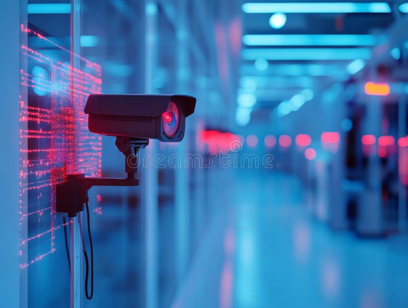 Surveillance Camera in a Modern Hallway with Red Digital Data Display ...