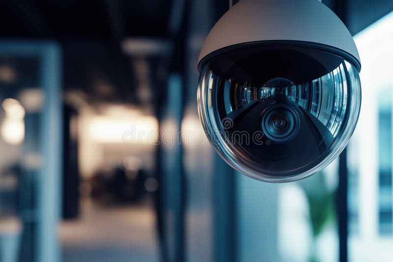 Surveillance Camera in Modern Office Hallway with Blurred Background ...