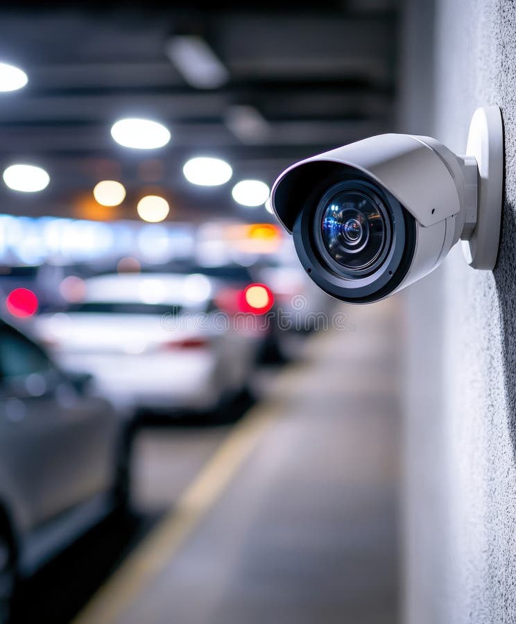 Surveillance Camera Monitors Activity in a Busy Parking Garage at Night ...