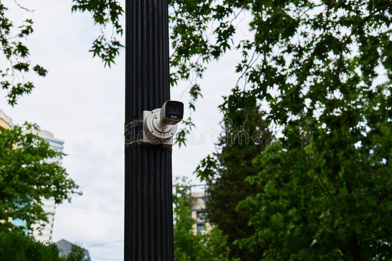 A Surveillance Camera Monitors the Area from a Street Pole Surrounded ...