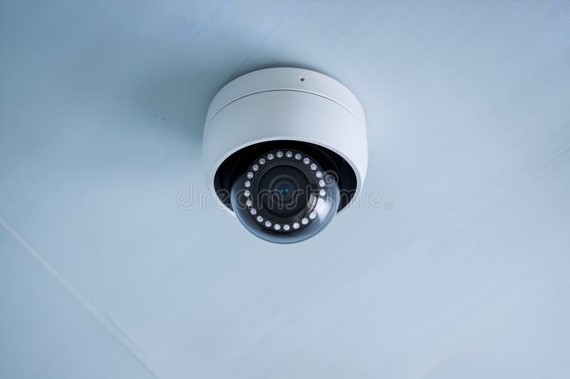 Surveillance Camera Mounted on Ceiling with Circular Lens, Minimalist ...