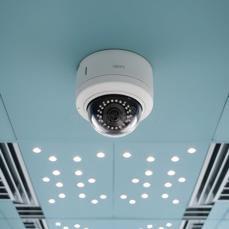 Surveillance Camera Mounted on Ceiling with Circular Lens, Minimalist ...