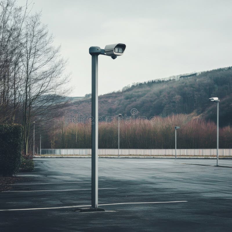 A Surveillance Camera Mounted on a Lamp Post in a Large Empty Parking ...