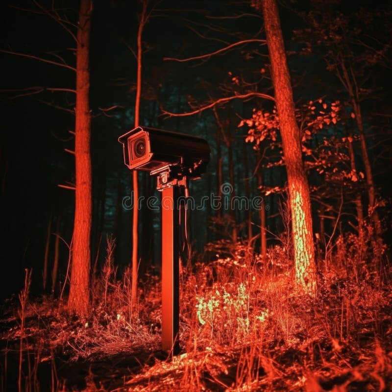 A Surveillance Camera Mounted on a Pole in a Dark Forest Lit by Red ...
