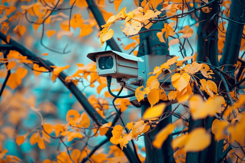 Surveillance Camera Mounted on Tree in Autumn Atmosphere, with Blurred ...