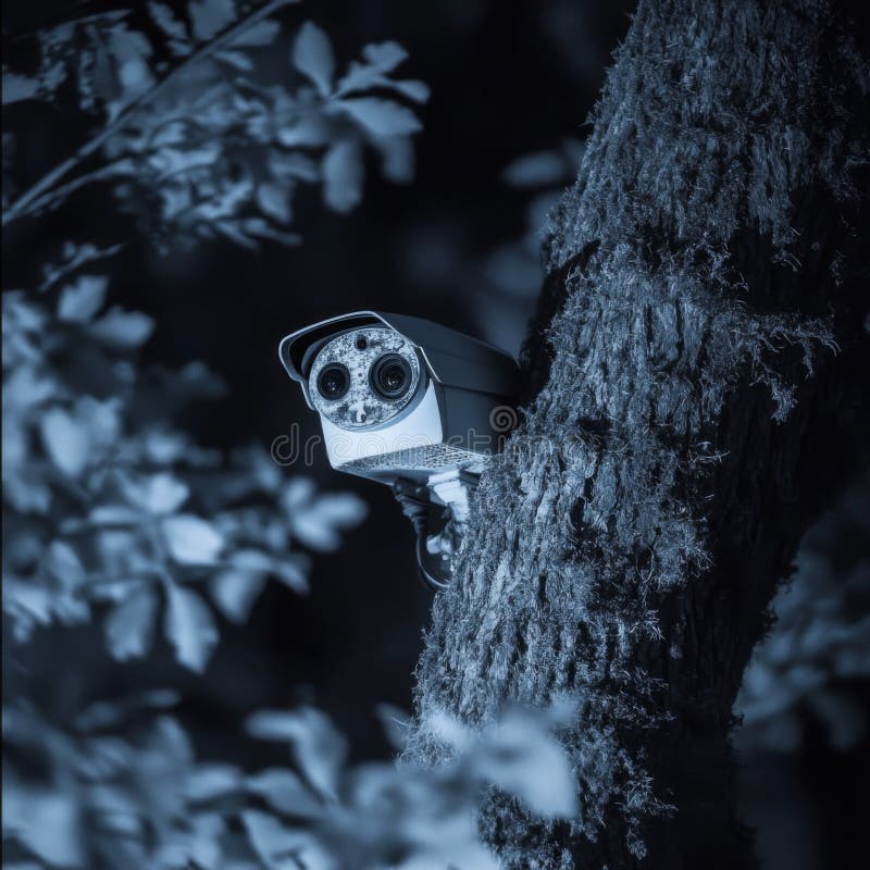 Surveillance Camera Mounted on a Tree Trunk in a Forest Stock ...