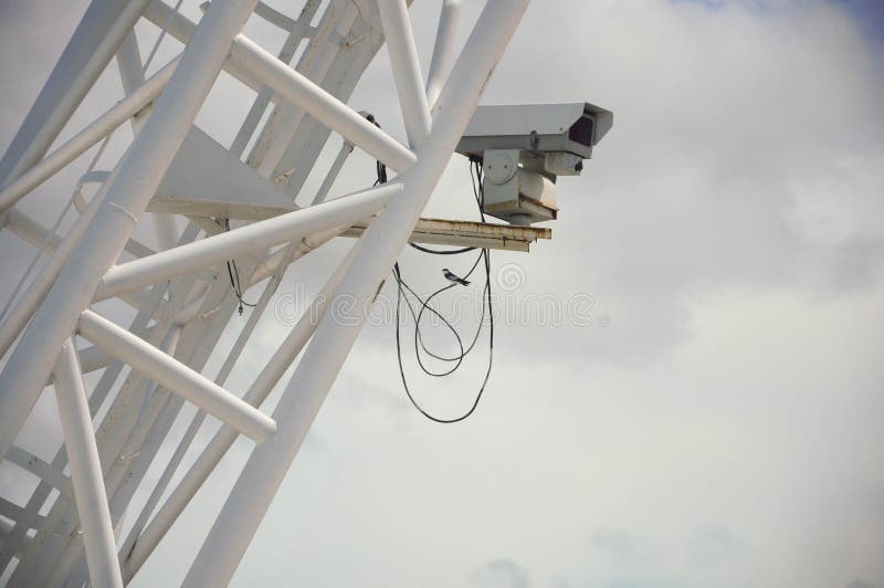 Surveillance Camera Mounted on a White Metal Structure Against a Cloudy ...