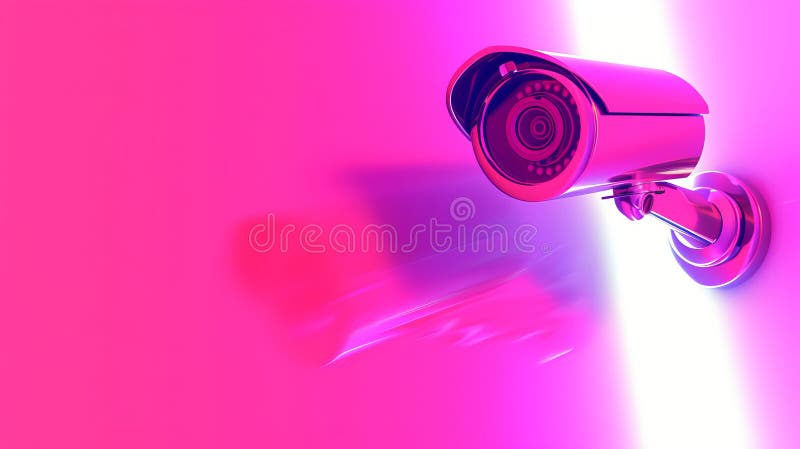 Surveillance Camera in Neon Pink Light, Close-up. Modern Security ...